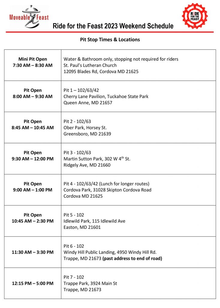 Fundraiser & Ride Calendar - Moveable Feast - Baltimore, MD